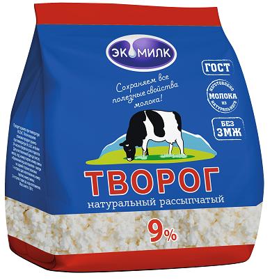 Творог натуральный рассыпчатый 9%, Экомилк, 350 гр., пакет купить оптом ...